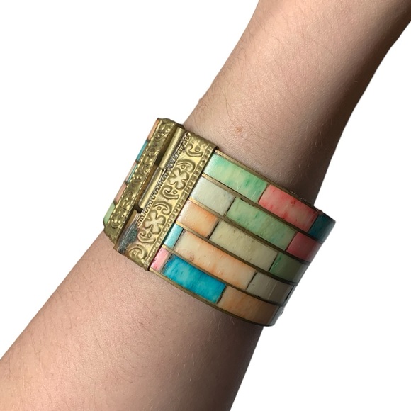 Anthropologie | Jewelry | Vintage Stone Inlay Brass Statement Bangle ...